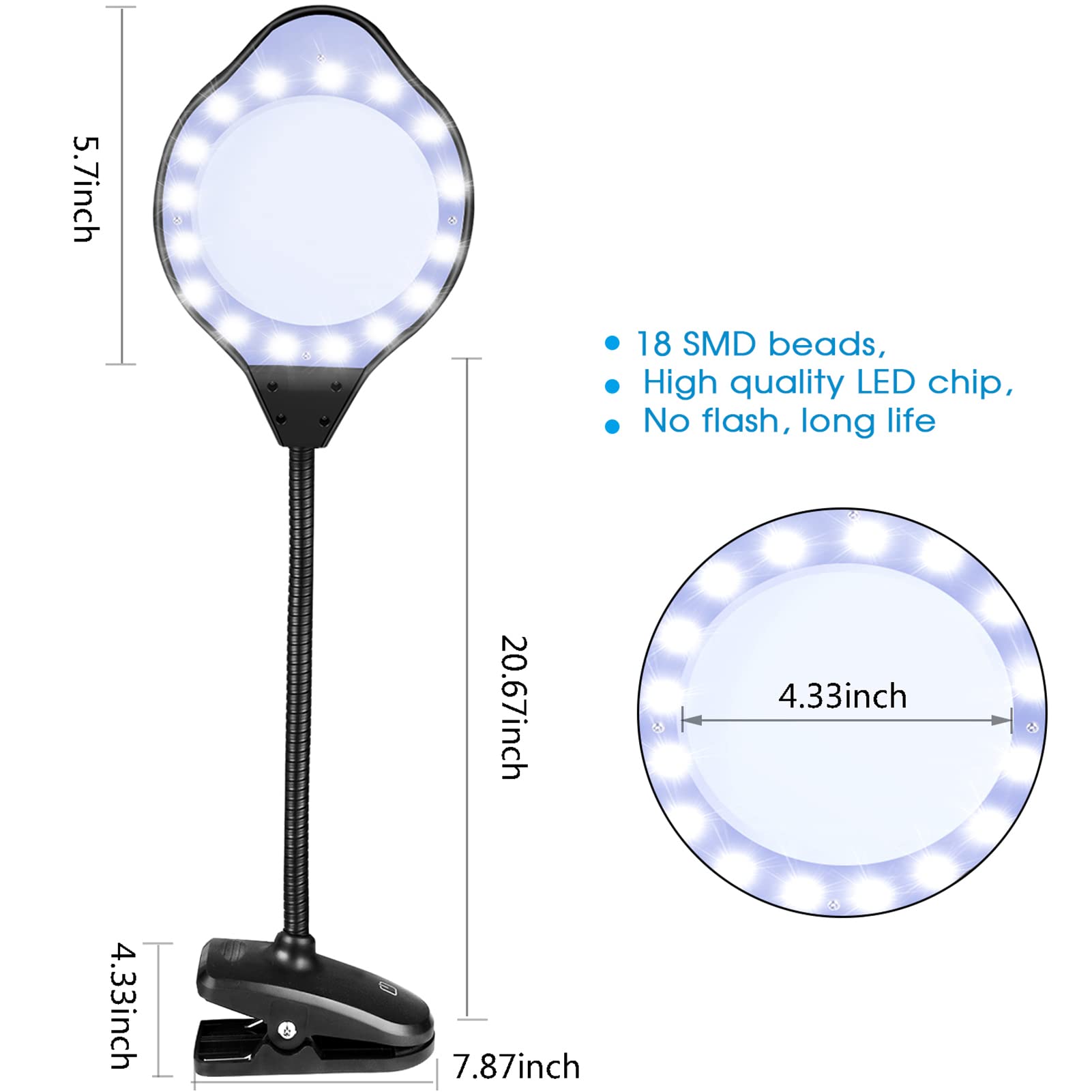eletecpro Magnifying Glass Lamp, 2X-4X Magnifier LED Light with Clip and Flexible Neck,Magnifying Lamp USB Powered, Perfect for Reading, Hobbies, Task Crafts or Workbench - Black