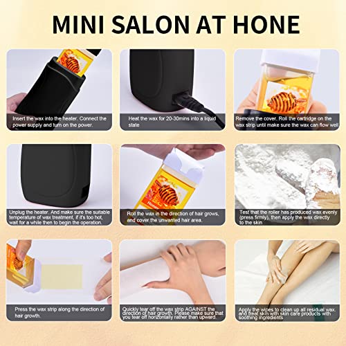 Roll on Wax Kit, Wax Roller Kit, Roll on Wax Warmer for Hair Removal, Roll on Wax for Larger Areas of the Body, At Home Waxing Kit for Women and Men(Black)