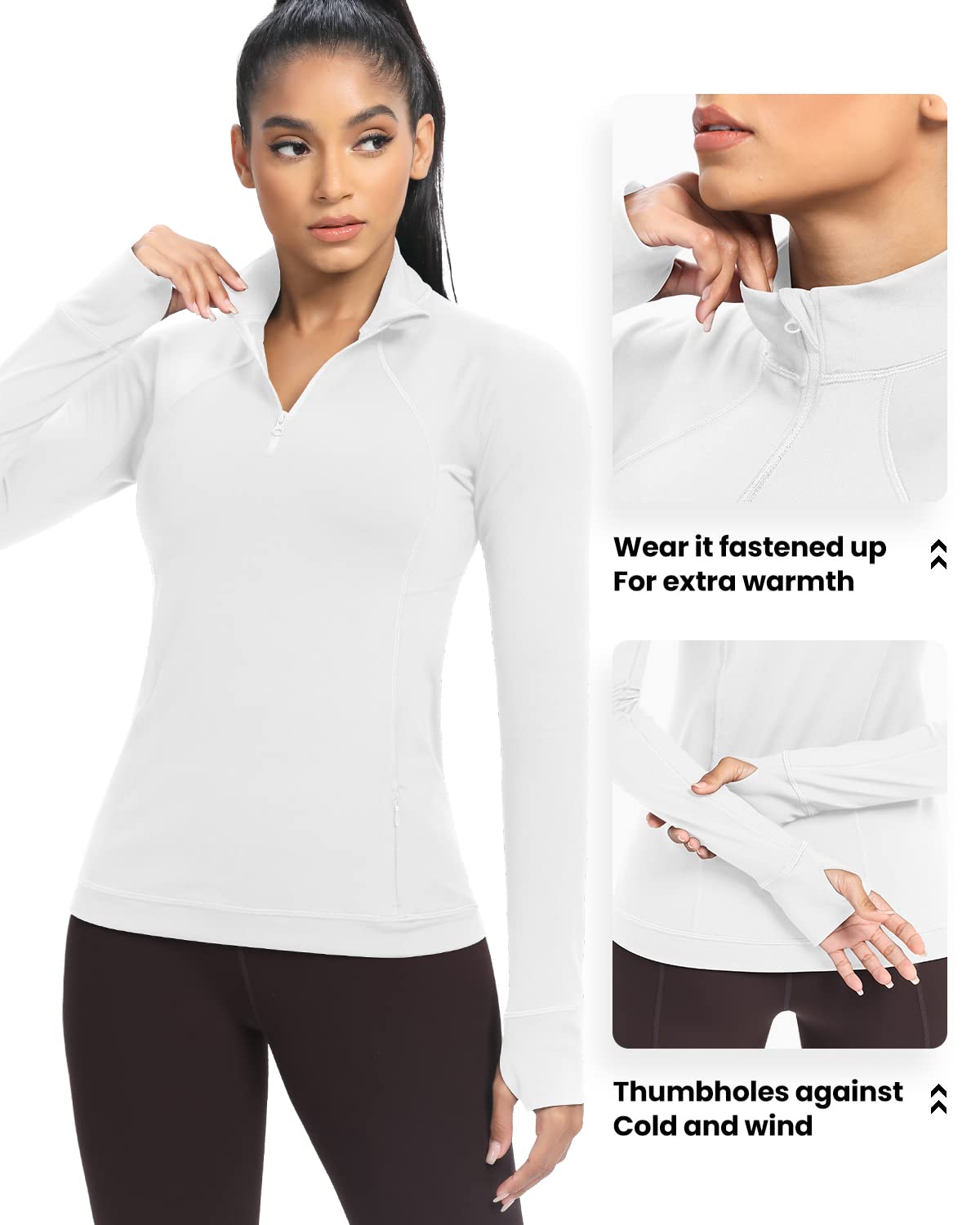 GYM RAINBOW Womens Long Sleeve Workout Shirts Quarter Zip Pullover Sweatshirt Athletic Running Tops Compression Shirts(#2 White,Small)