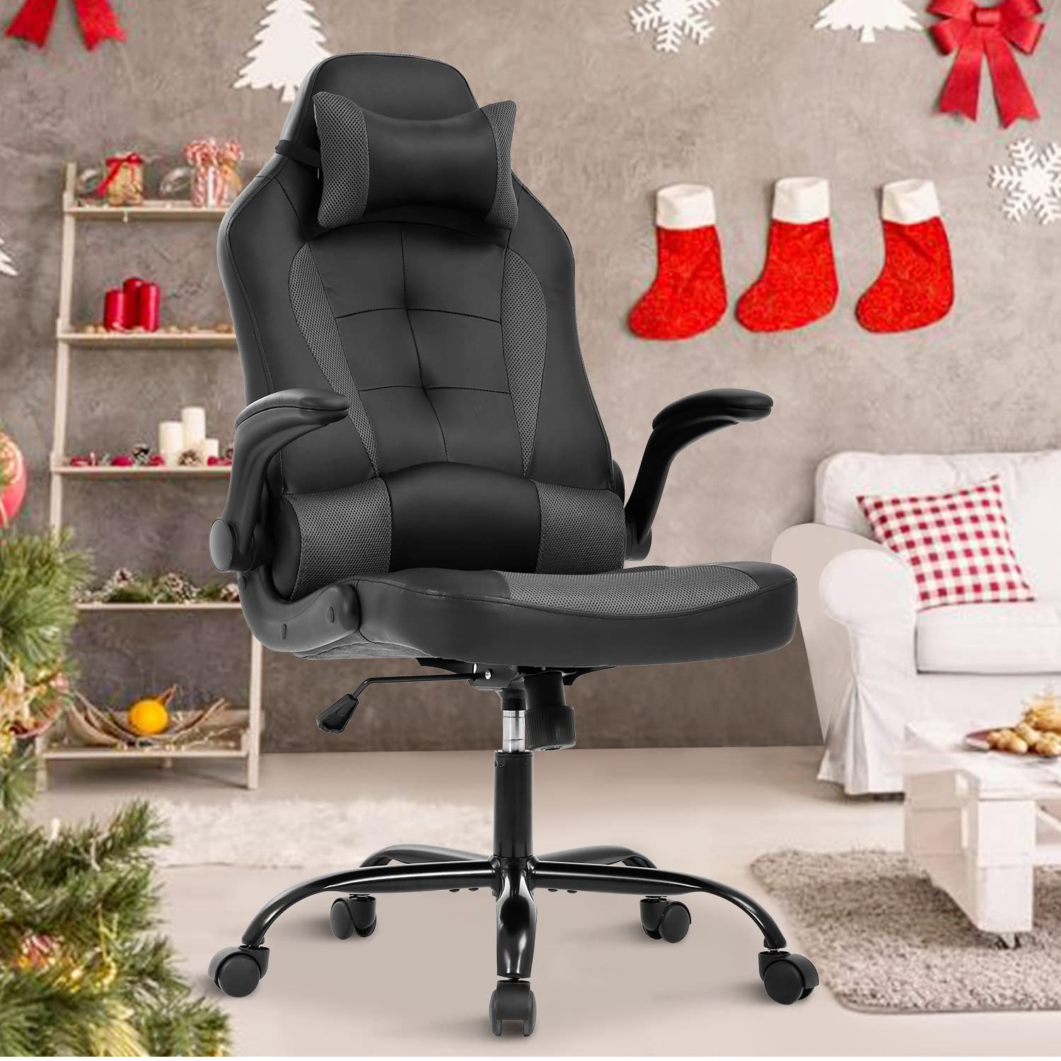 Gaming Chair Computer Chair Ergonomic Office Chair with Lumbar Support& Headrest& Armrest, Adjustable PU Leather High Back Desk Chair Racing Executive Rolling Swivel Task Chairs, Grey