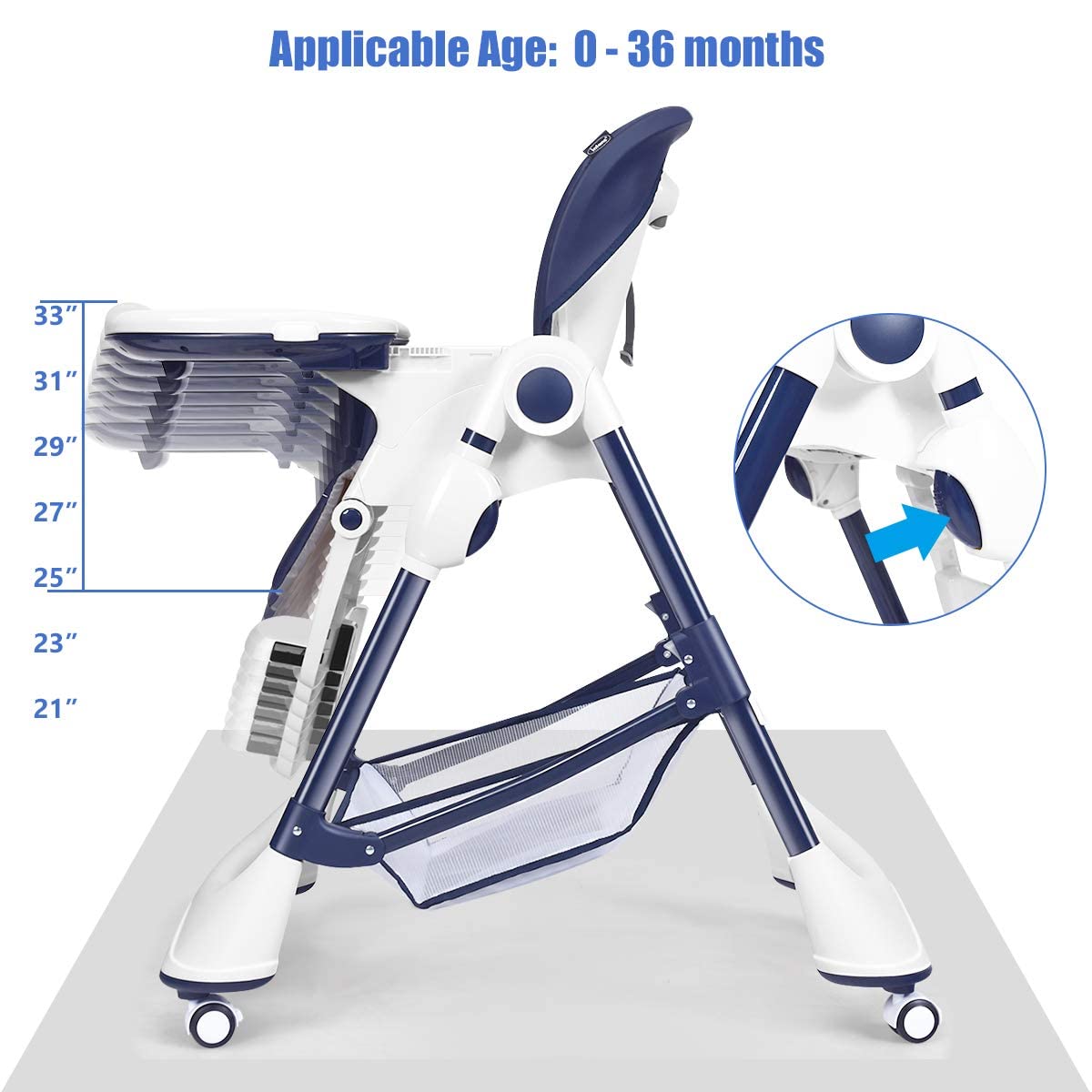 INFANS High Chair with One-Hand Removable Tray, 4 Lockable Wheels & Large Storage Basket - Multi-Adjustable Height, Recline & Footrest, Removable Cushion, Foldable for Baby, Infant& Toddler (Navy)