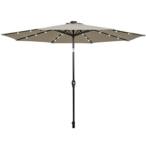 TANGKULA 10FT Solar Powered 24 LED Lighted Patio Umbrella, Table Market Umbrella with Tilt Adjustment and Crank Handle, Outdoor Umbrella with 8 Sturdy Ribs for Garden, Deck, Backyard & Pool (Brown)
