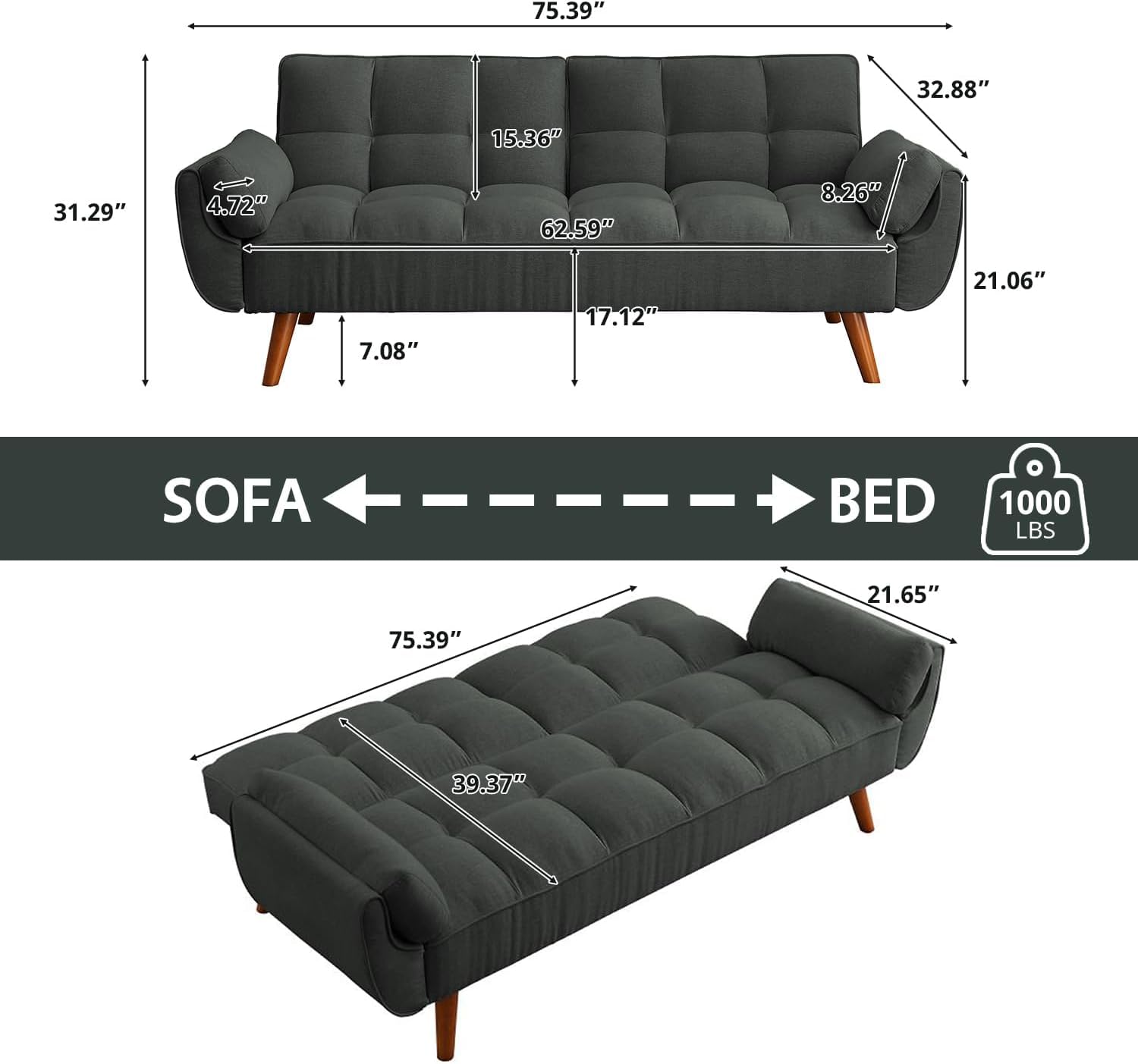 Relyblo Futon Sofa Bed, 76 inch Convertible Sectional Fabric Sleeper Couch, Splitback Loveseat with Tapered Legs, Modern Lounge for Living Room, Study, Bedroom, Apartment, Office,Yellow