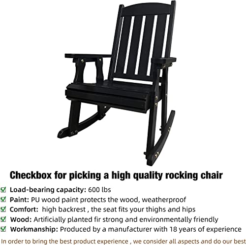 Wooden Rocking Chair with Comfortable Backrest Inclination, High Backrest and Deep Contoured Seat, Solid Fir Wood, Heavy Duty 600 LBS, for Both Outdoor and Indoor, Backyard, Porch and Patio (Black)