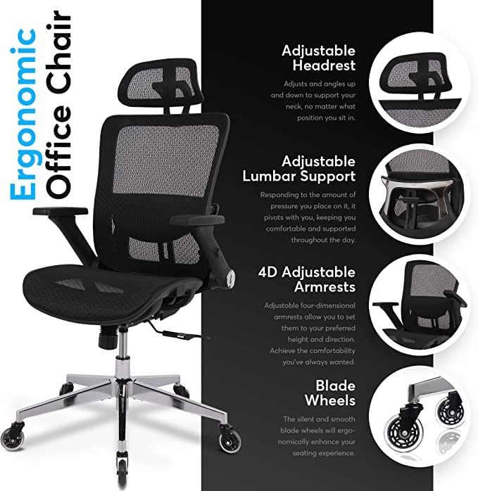 Ergonomic Mesh Office Chair - Gaming Chair,Adjustable Rolling Home Desk Chair with 4D Flip Armrests and Headrest, Adjustable Lumbar Support and Blade Wheels Backrest and Headrest (Black)