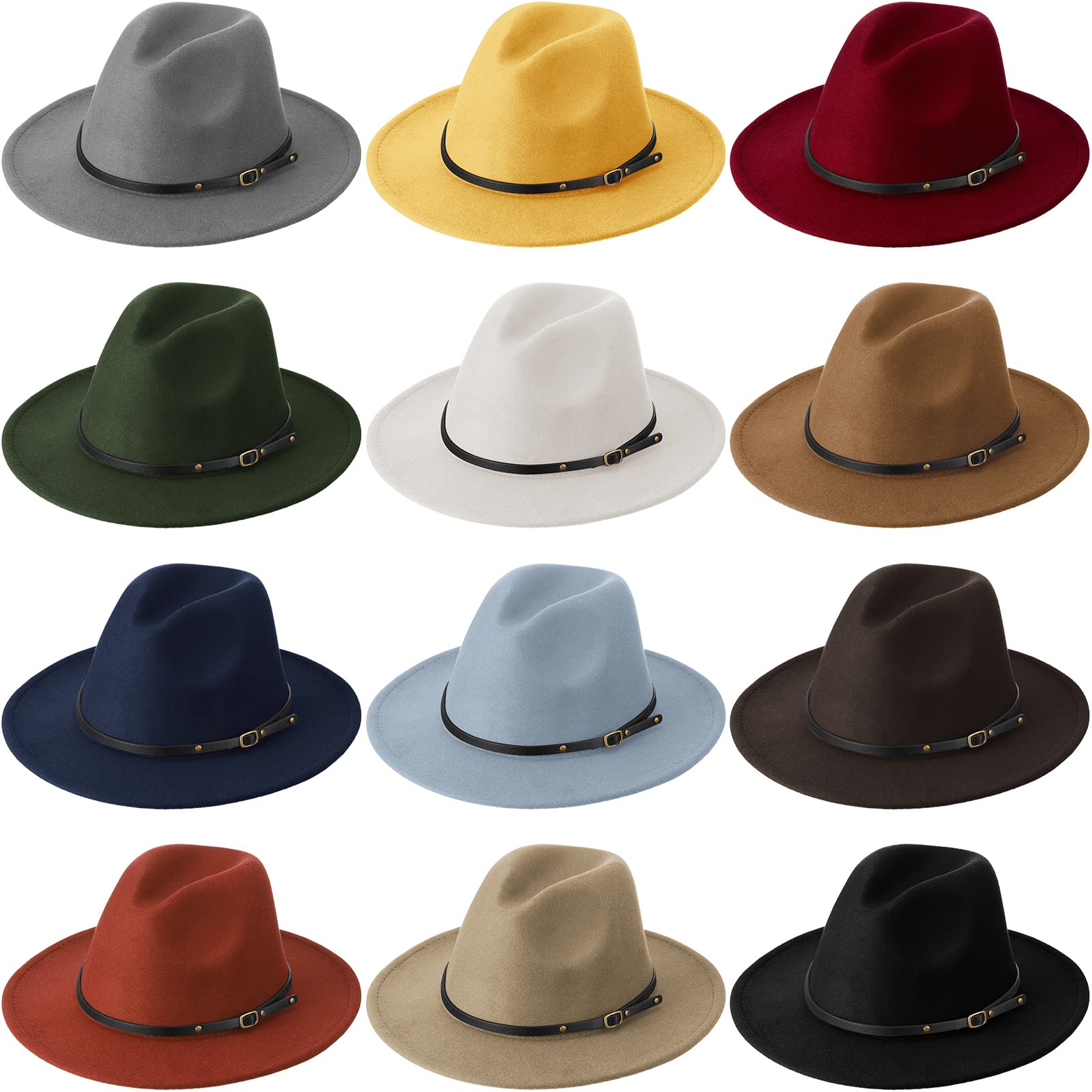Lasnten 12 Pieces Women Wide Brim Hat Belt Buckle Floppy Panama Hat Wool Vintage Hats Bulk Felt Women Jazz Hat Retro Hat (Assorted Colors)