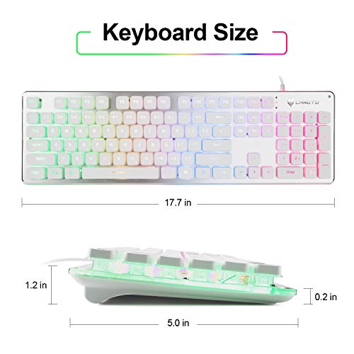 LANGTU Membrane Gaming Keyboard, Rainbow LED Backlit Quiet Keyboard for Office, USB Wired All-Metal Panel 25 Keys Anti-ghosting Computer Keyboard 104 Keys - L1 White/Silverā¦