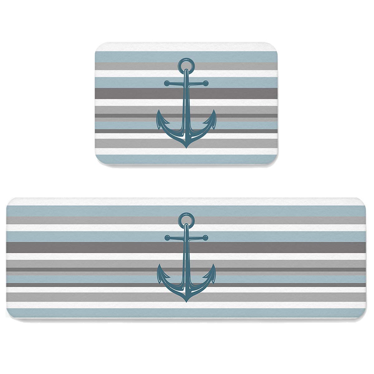 Infinidesign 2 Piece Kitchen Mats and Rugs Cushioned Anti-Fatigue Floor Mat Sea Non-Slip Chef Mat Kitchen Rug Floor Rugs Nautical Anchor with Blue Grey Stripes