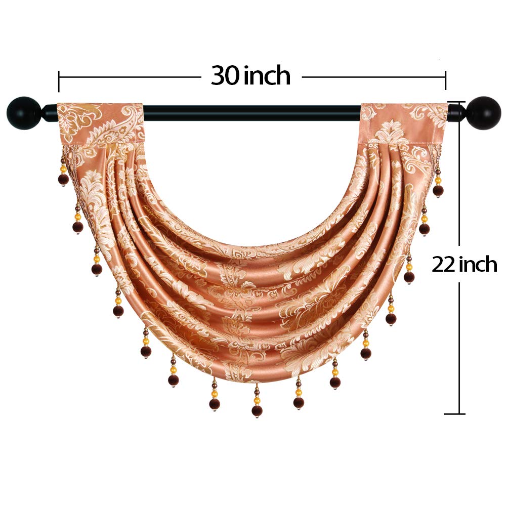 ELKCA Single Swag Waterfall Valance for Window Jacquard Damask Curtain Valance for Living Room Luxury Window Curtains for Kitchen,Pack of 1(Damask-Coffee, 30" W x 22" L)