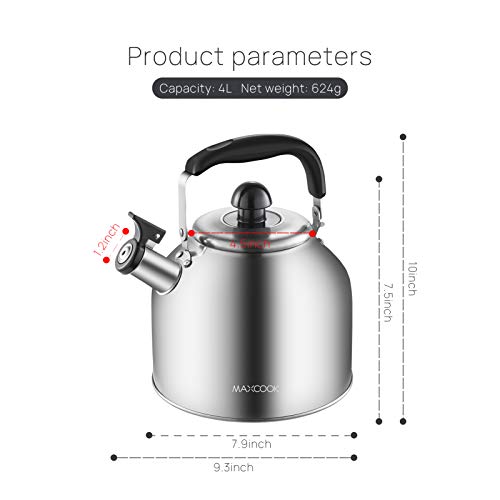 MAXCOOK 4.2 Quart/4L Stainless Steel Whistling Tea Kettle,Brushed Satin, Suitable to Boiling Water & Tea on Induction Stove, Gas Stove Top