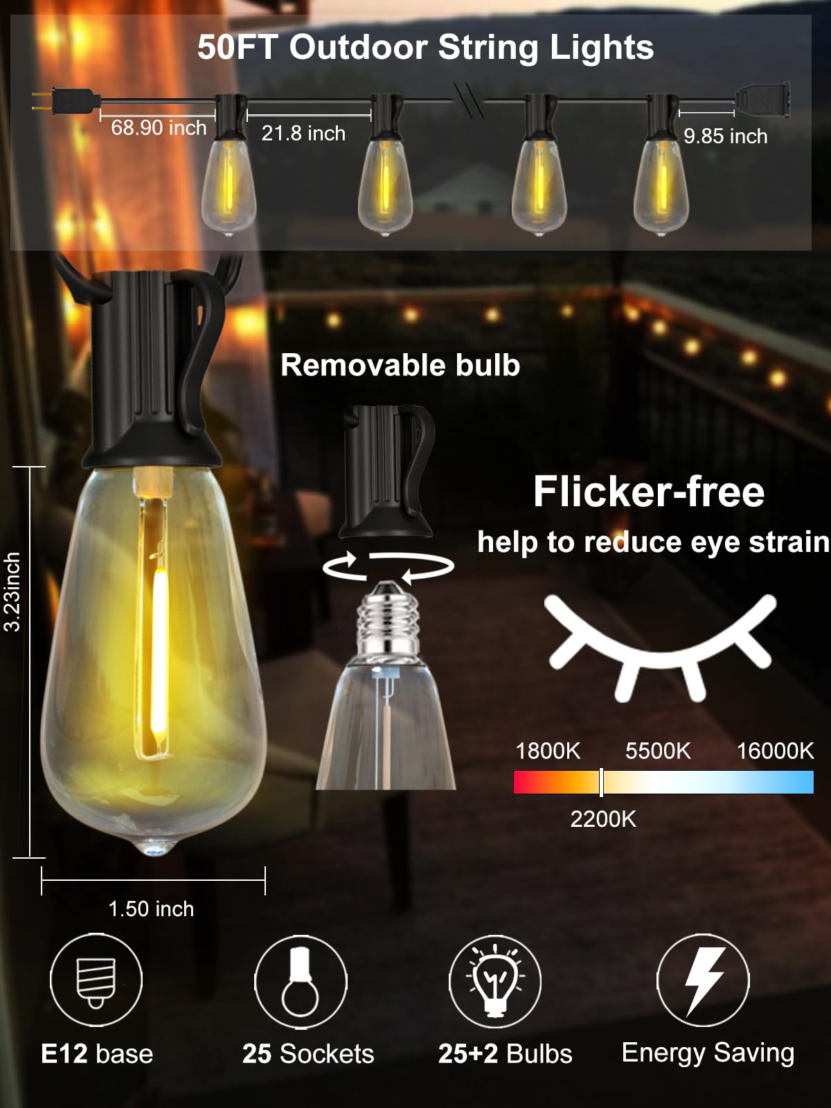 GLOBELIT Outdoor String Lights 50FT Waterproof Shatterproof Patio String Lights with 27 Dimmable Bulbs Warm White String Lights for Outside Connectable Backyard Lights Patio Lights