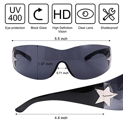 Rimless Y2K Sunglasses for Women Men,Trendy Shield Wrap Around Sunglasses Oversized Fashion Black Frameless Sun Glasses