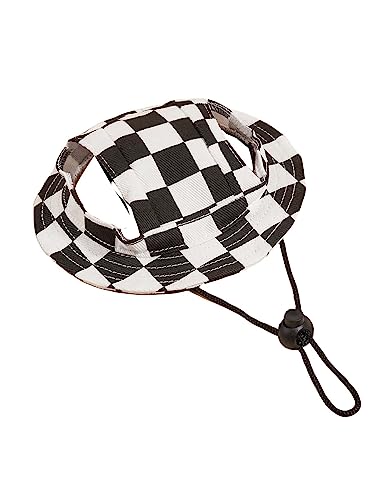 QWINEE Plaid Pattern Dog Hat with Ear Hole Round Brim Dog Puppy Cat Sun Hat Bucket Hat Outdoor Sun Protection Pet Caps for Small Medium Cats Dogs Kitten Black and White S