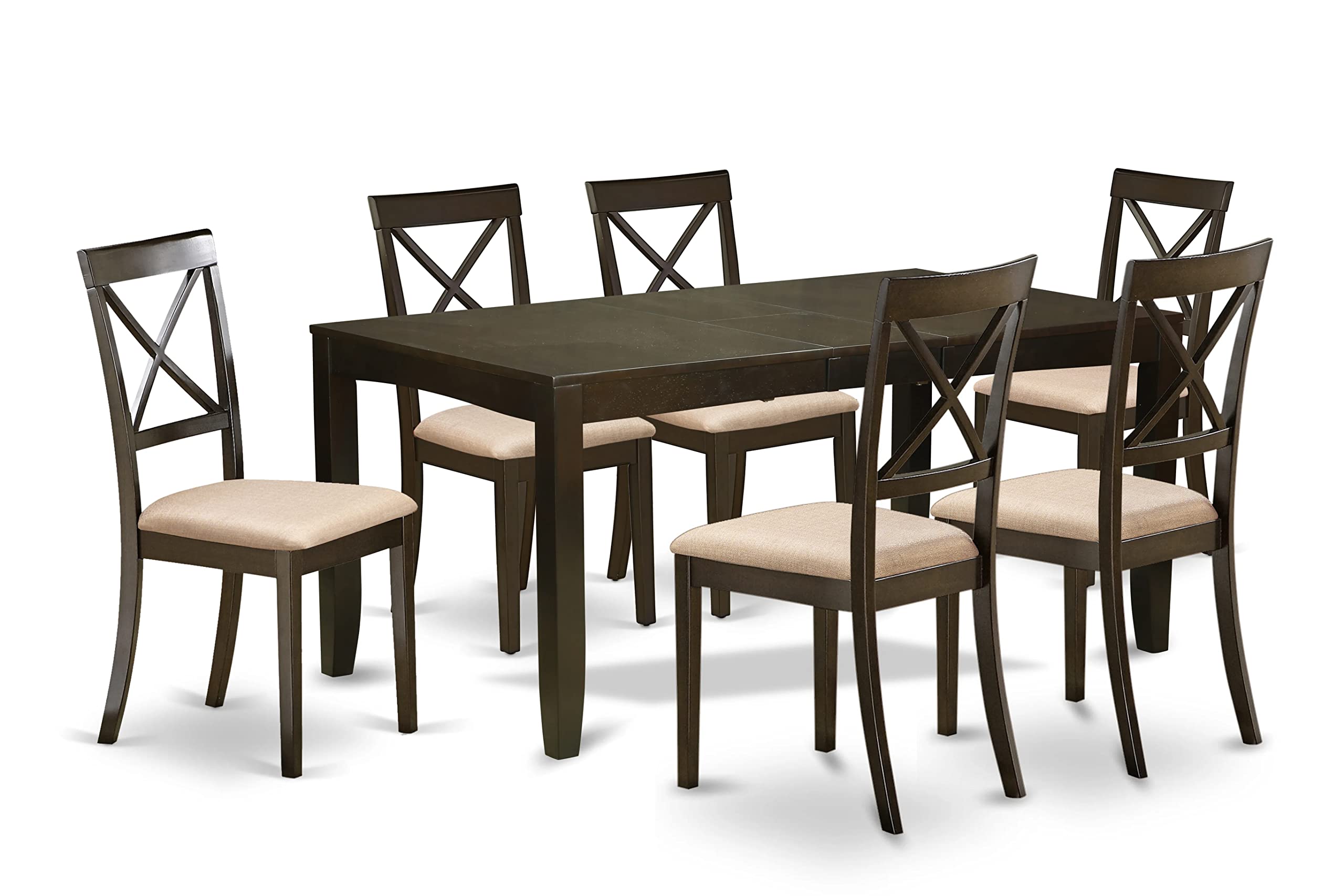 East West Furniture LYBO7-CAP-C Lynfield 7 Piece Set Consist of a Rectangle Dining Table with Butterfly Leaf and 6 Linen Fabric Kitchen Room Chairs, 36x66 Inch, Cappuccino