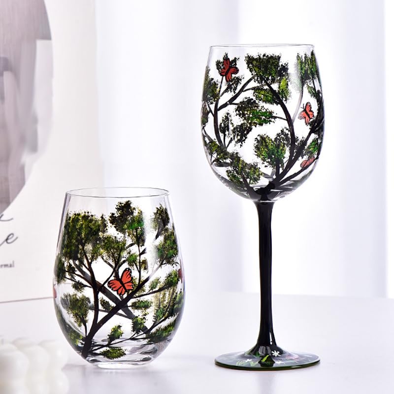 Four Seasons Tree Wine Glasses, Hand Painted Wine Glasses, Unique Anniversary Wedding Christmas Gift (B, L)