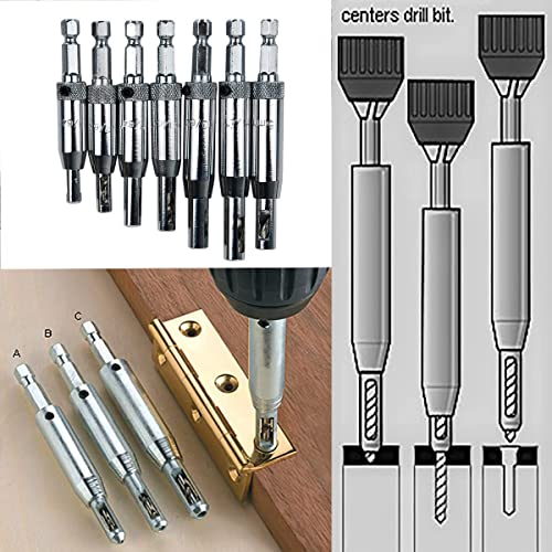 FLSKY SPMEN Metal Twist Drills 7pcs HSS Self Centering Hinge Drill Bits Set,1/4" Hex Shank Centering Drill for Door Cabinet Woodworking, uni-que Value Long-Term