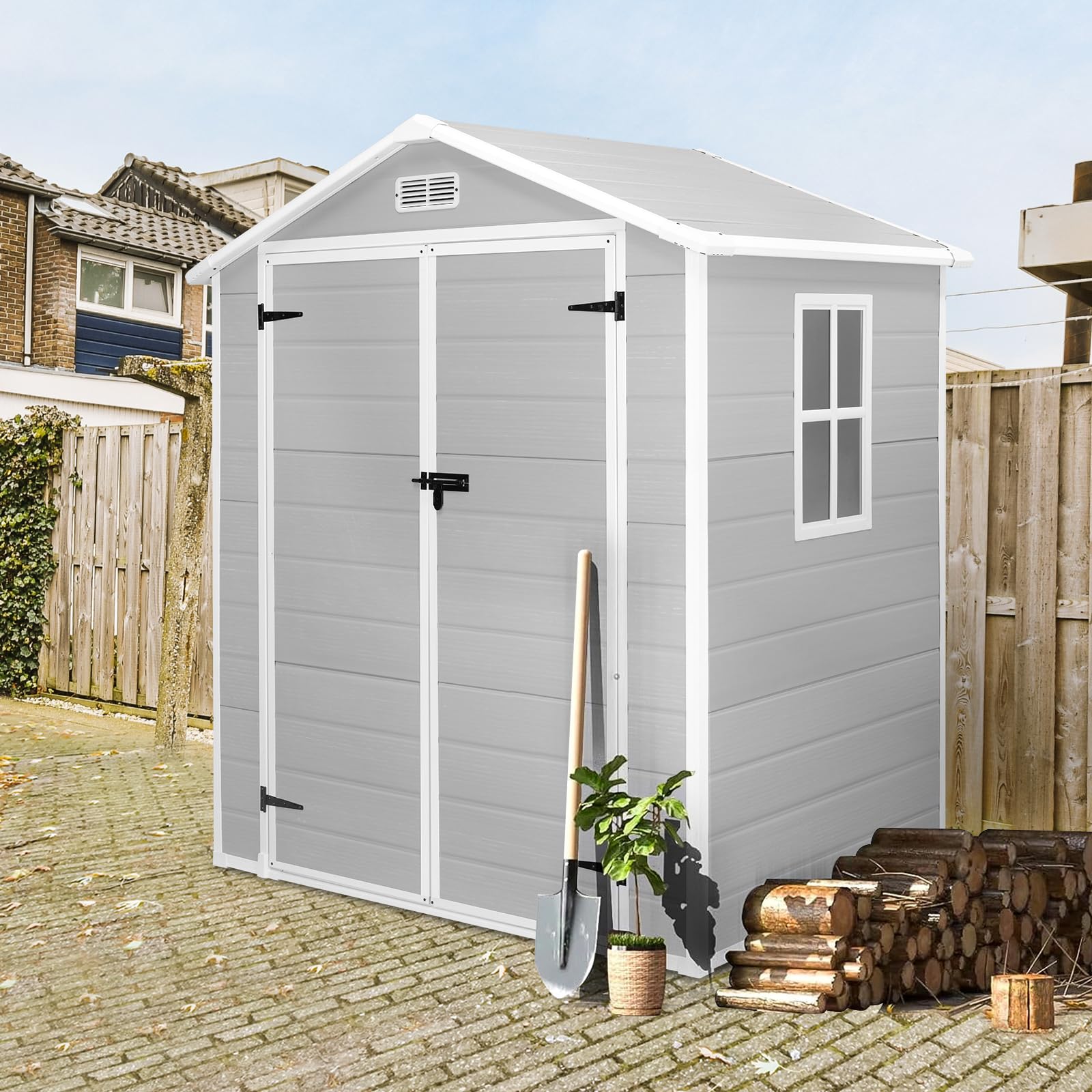 Seizeen 6x4.4FT Outdoor Resin Shed with Reinforced Floor, All-Weather Plastic Shed with Lockable Door, Window & Vents, Garden Tool Sheds & Outdoor Storage Clearance for Garden Patio Lawn (Gray)