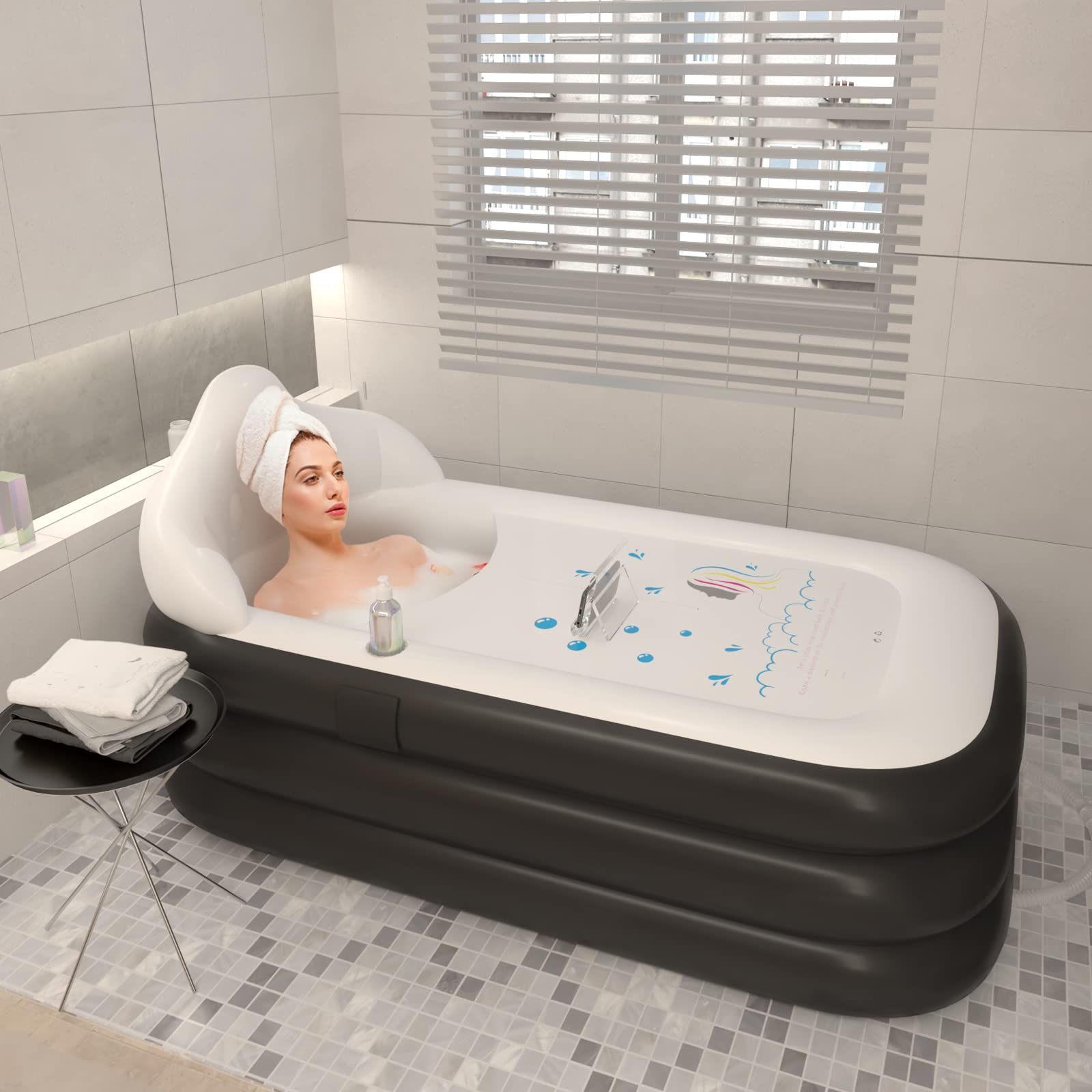 Inflatable Portable Bathtub-Family SPA Freestanding Bathtub with Bath Pillow-Inflatable Bathtub With Neck and Back Support-Suitable For Cold Plunge Tub-Training Tub-Ice Bath & Hot Bath,63''X35''(Grey)