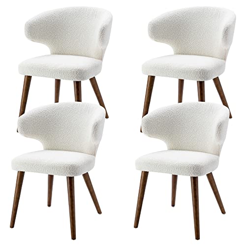 RIVOVA Upholstered Accent Arm Chairs Set of 4, Faux Sherpa Mid Century Modern Dining Chairs for Kitchen Dining Room Side Chairs with Wood Legs, White