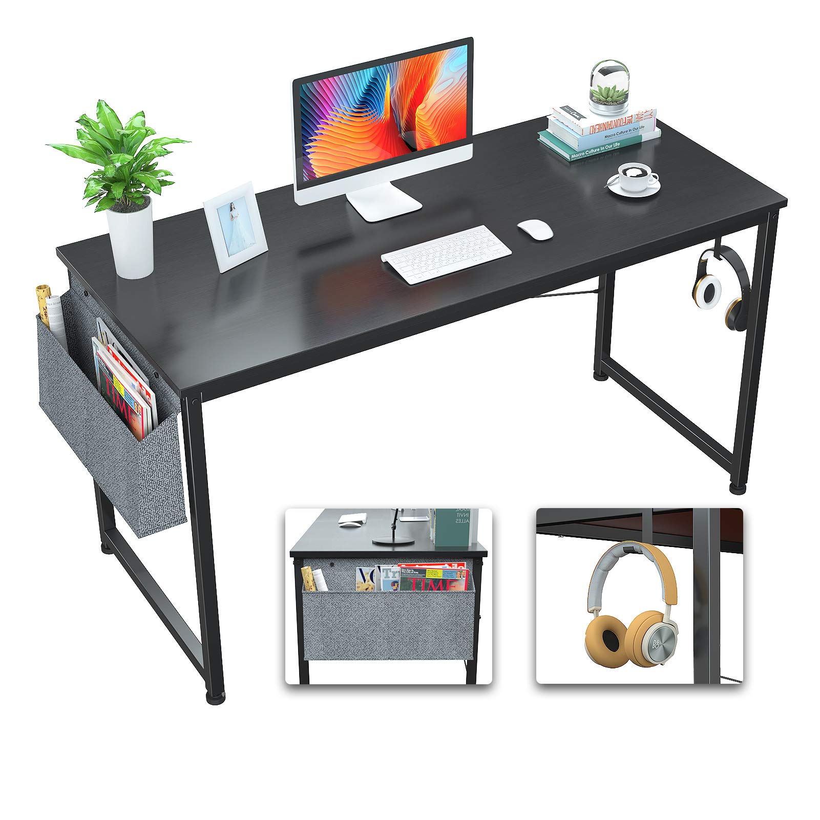 Foxemart Computer Desk Modern Sturdy Writing Study Desk Simple PC Laptop Notebook Table with Storage Bag and Iron Hook for Home Office Workstation, Black