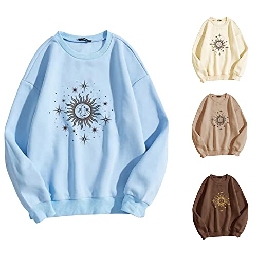 FOCUSNORM Women Y2K Sweatshirt Crewneck Long Sleeve Pullovers Sun Moon Star Printing Loose Hoodie (Brown, L)