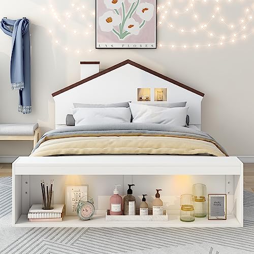 Lepfun Full Size House Platform Bed with LED Lights and Storage, Wood Kids Bed Frame with Headboard and Slats Support, No Box Spring Needed, Suitable for Bedroom and Apartment,White