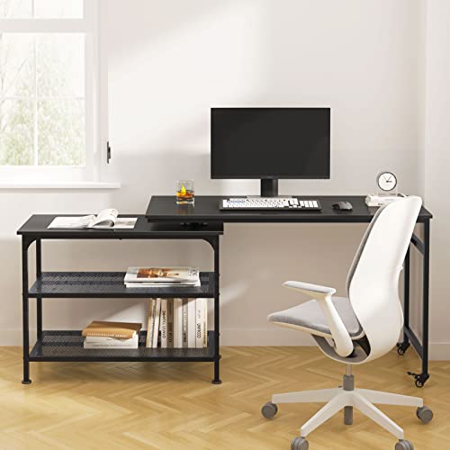 soges Reversible L Shaped Desk, 360° Free Rotating Corner Computer Desk, 47 inch L Desk with Storage Shelves for Home Office, Modern Study Writing Table Workstation, Black