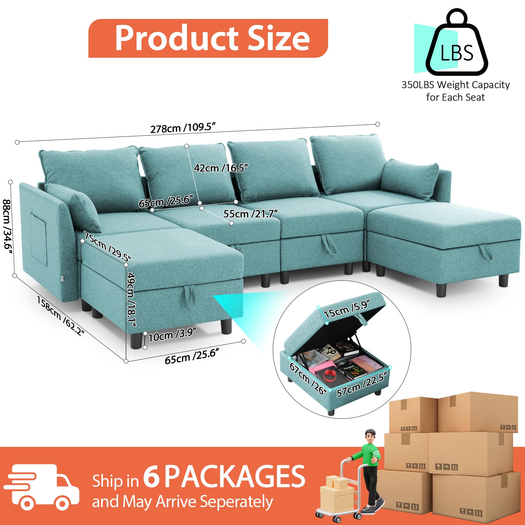 SEJOV Sleeper Sofa, 4-in-1 Convertible Ottoman Couch Bed, Modern Blue Line Futon Couch with 2 Pillows Adjustable Backrest and Armrests, Foldable Loveseat for Apartment Dorm, Office, Light Blue