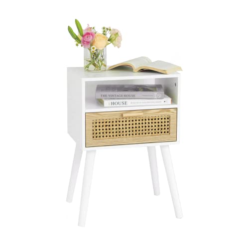 MaxSmeo White Nightstand with Drawer, Mid Century Modern Nightstand, Rattan Side Table, End Table with Storage for Living Room, Bedroom and Small Spaces, Easy Assembly (White)