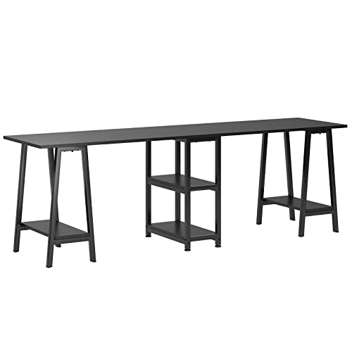 SogesHome 94.5’’ Two Person Desk, Double Computer Desk with Storage 2-Tier Shelf, Extra Long Large Gaming Desk, Office Study Writing Desk Workstation-94.5L’’x23.6W’’x29.5H’’(Black)