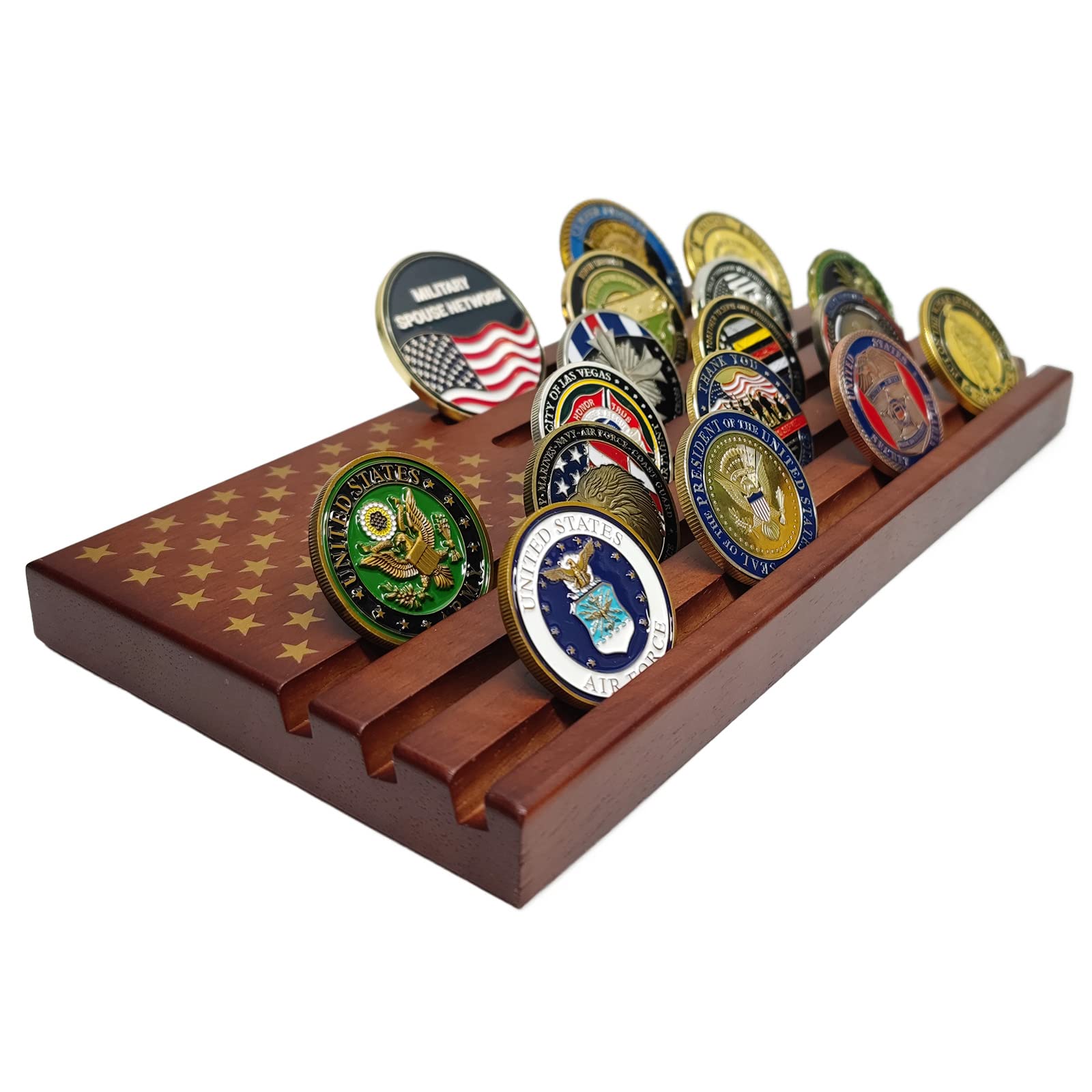 LIUYALO Military Challenge Coins Display Holder,Challenge Coins Stand with American Flag,Army Collectors 6 Rows Military Coin Display Case Rack Solid Wood