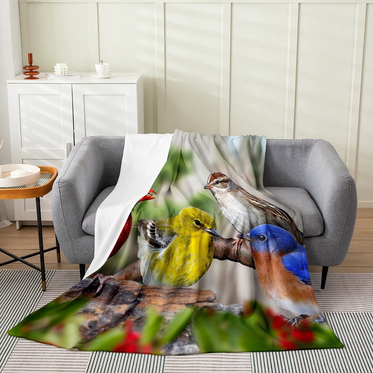 Erosebridal Chickadee Throw Blanket, Sparrow Birds Fleece Blanket for Bedroom Living Room Decor, Spring Branches Botanical Fuzzy Blanket, Fluffy Warm Soft Flannel Blanket, Throw Size