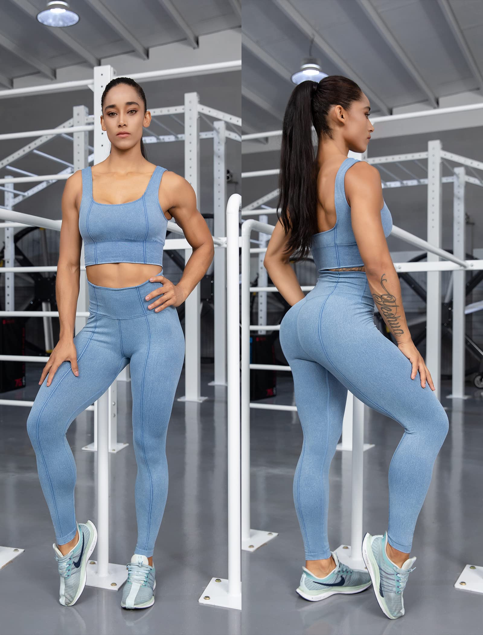 GYMTALENT Butt Lifting Scrunch Seamless Workout Sets for Women, High Waisted Yoga Sets, Butt Lifting Tummy Control Nostalgic Blue L