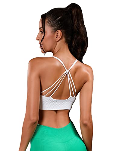 GORGLITTER Women's Strappy Sports Bra Criss Cross Back Bra Backless Removable Padded Yoga Crop Top White Medium