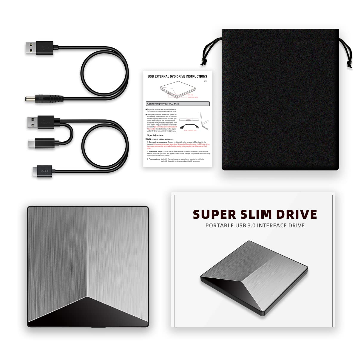 YOTUO External CD DVD Drive, Portable USB 3.0 and Type-C Ultra-Slim DVD Player, DVD Burner CD ROM RW External Optical Drive Compatible with Laptop Desktop PC for Windows 7/8/10/11 Mac MacBook Pro/Air