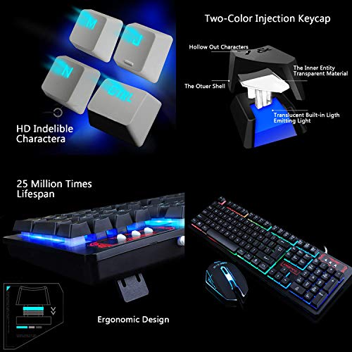 Gaming Keyboard and Mouse Headset Combo,4 in 1, USB Wired 104 Keys Rainbow Gamer Keyboard and 2400 DPI Adjust 3 Color Crack Backlight Mice 3.5 Jack Camouflage Headphones Mousepad for Office Game