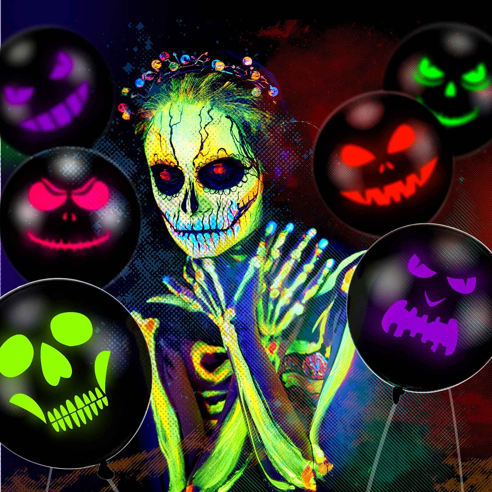 Halloween Balloons Decorations, 50 Pieces Halloween Neon Glow Ghost Balloons 12 Inch Black Light Reactive Fluorescent Latex Balloons Glow in the Dark Halloween Expression Balloons for Party Decoration