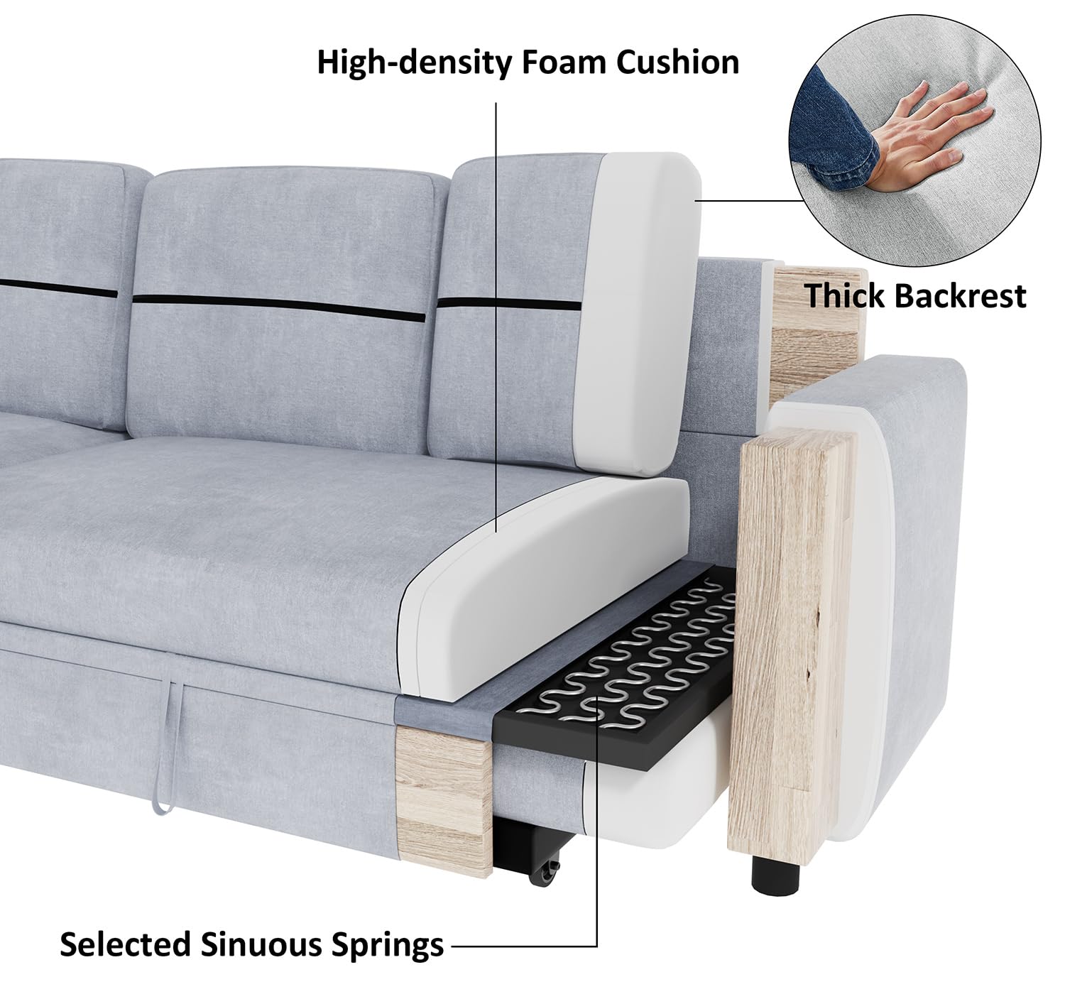 Ucloveria Reversible Sectional Sofa Couch, Sleeper Sofa Bed with Storage Chaise Pull Out Couch Bed for Living Room | Hidden Stroge | Side Pocket | Sofa Cup Holder | Removable Backrest | Linen Fabric
