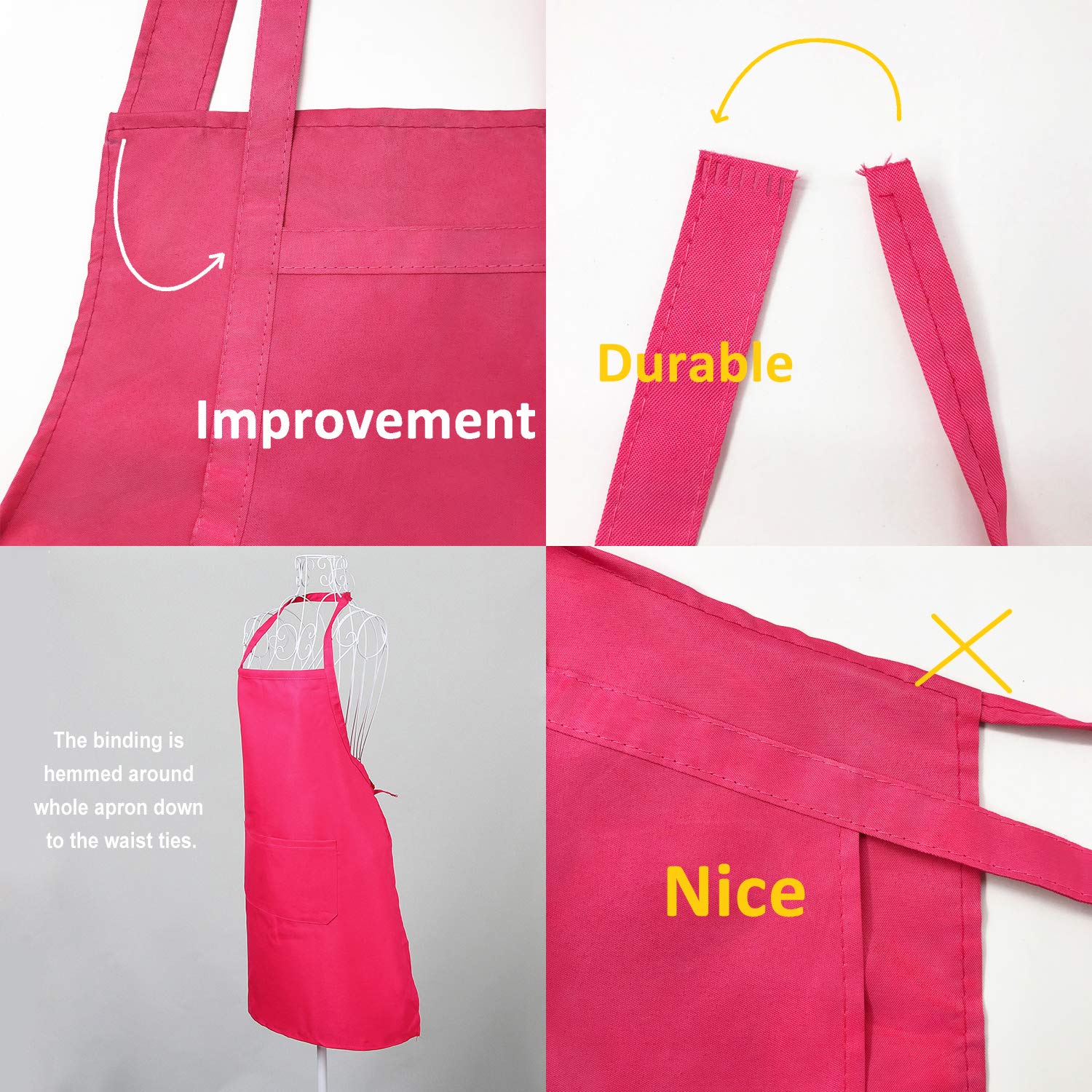 Hi loyaya 10 Pack Bib Pink Aprons Bulk for Women Girl Adult Painting BBQ Cooking Kitchen Baking with Pockets (10, Pink)