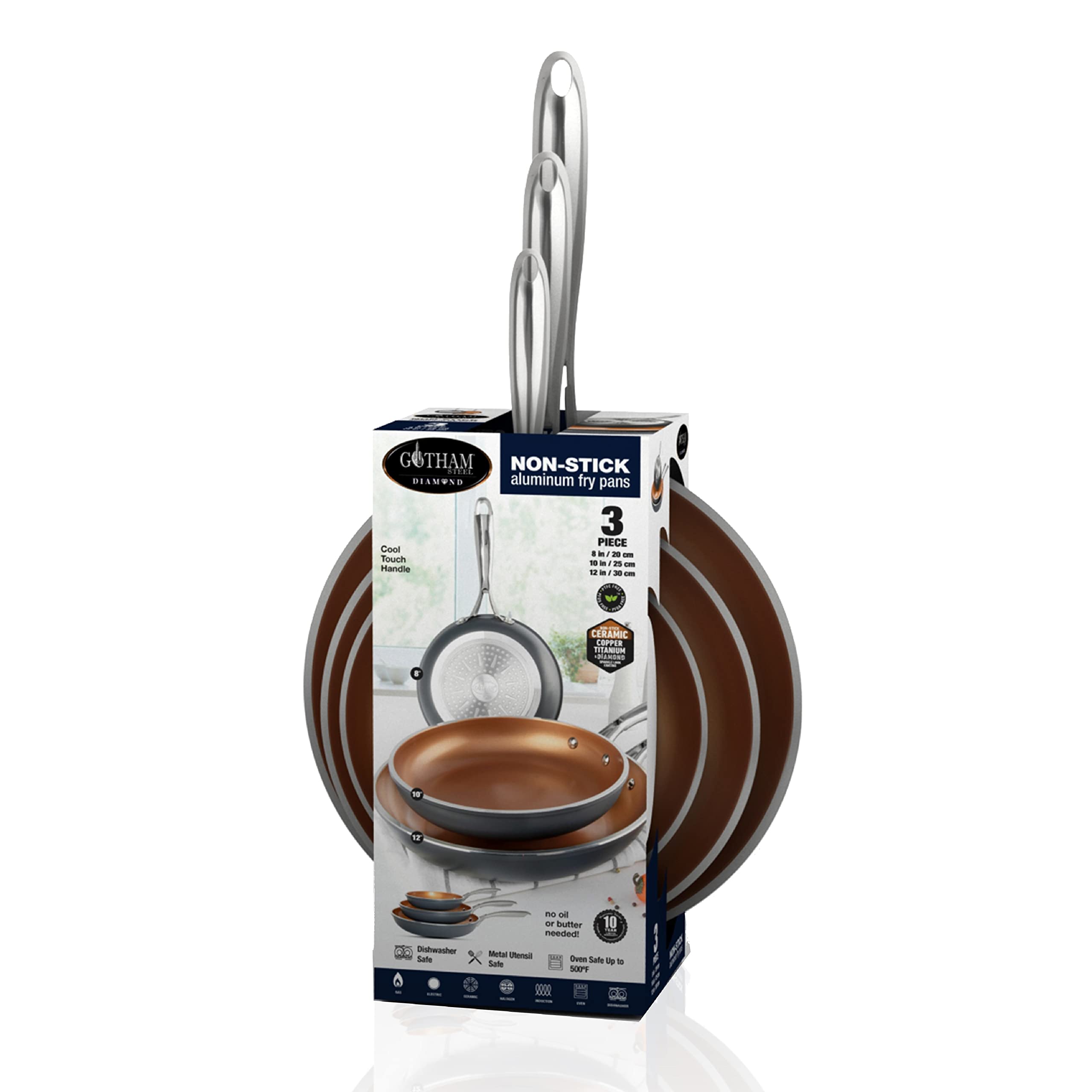 Gotham Steel Frying Pan Set, 3 Piece Nonstick Ceramic Copper Fry Pans Set, 8”, 10” & 12” Nonstick Frying Pans, Nonstick Skillet Set, Omelet Pan, Cookware, PFOA Free, Dishwasher Safe, Cool Touch Handle