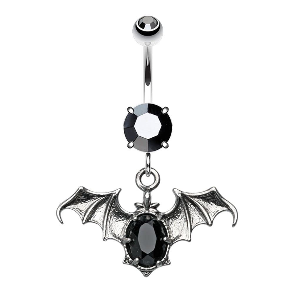 Gothic Style Vampire Bat 14G Belly Button Ring Surgical Steel Dangle Navel Piercing Body Jewelry (Black)