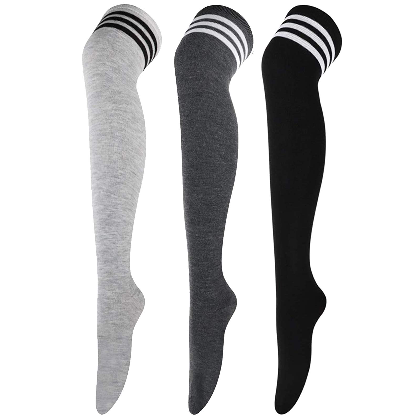 DRESHOW 3 Pairs High Thigh Socks Striped Over Knee Thin Tights Long Stocking Knee High Leg Warmer
