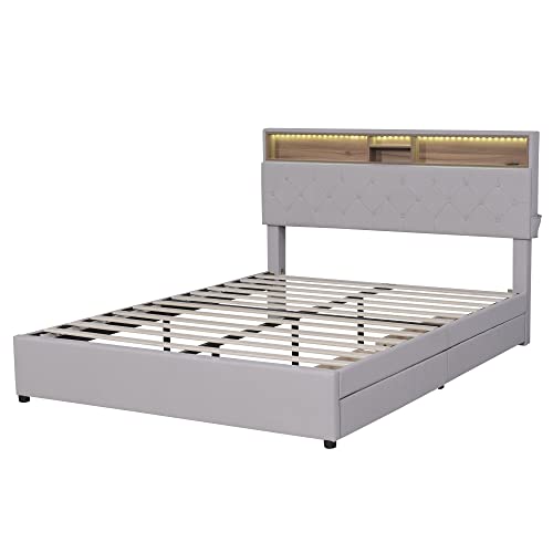 Queen Size Upholstered Platform Bed Frame for Boys Girls Kids Toddler with Storage Headboard, LED, USB Charging and 2 Drawers, Beige