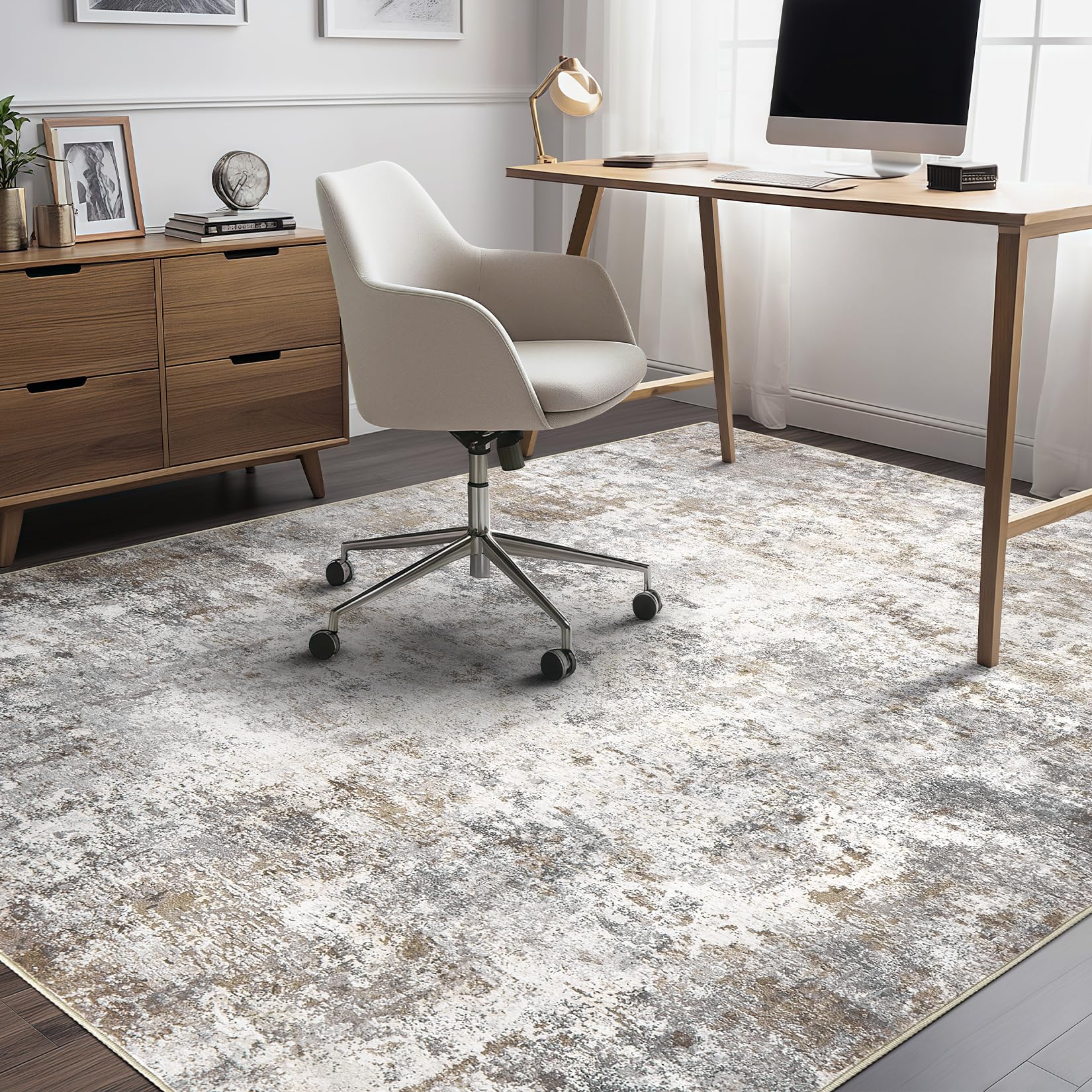 UERMEI 9x12 Area Rug Living Room Rugs - Washable Neutral Modern Abstract Soft Thin Large Rug Indoor Floor No Slip Rug Carpet for Bedroom Under Dining Table Home Office Decor - Brown Grey