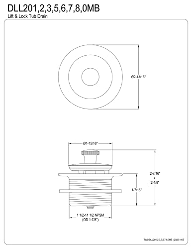 Kingston Brass DLL208 Lift and Lock Bath Tub Drain, Brushed Nickel