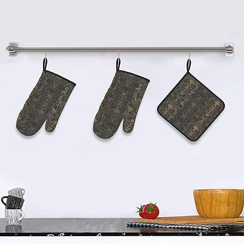 Gothic Wallpaper Skull Printed Oven Mitt and Pot Holders Set of 3 Non-Slip Cooking Gloves Heat Resistant Hot Pads for Kitchen BBQ Baking