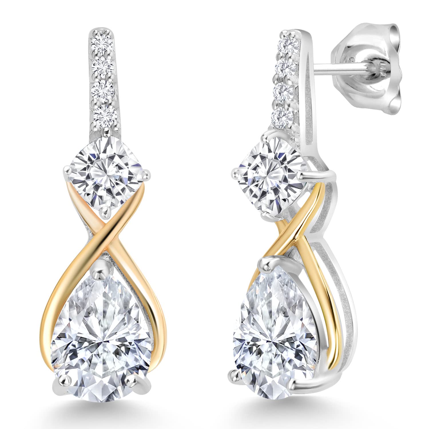 Gem Stone King 925 Sterling Silver and 10K Yellow Gold Moissanite and White Lab Grown Diamond Lab Grown Diamond Dangle Earrings By Keren Hanan (3.00 Cttw, Pear Shape 8X6MM)