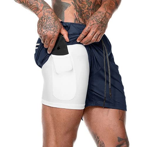 H HYFOL Men's 2 in 1 Running Shorts,7 Inch Workout Gym Athletic Quick-Dry Lightweight Yoga Training Shorts with Pockets and Compression Liner(Navy Blue,M)