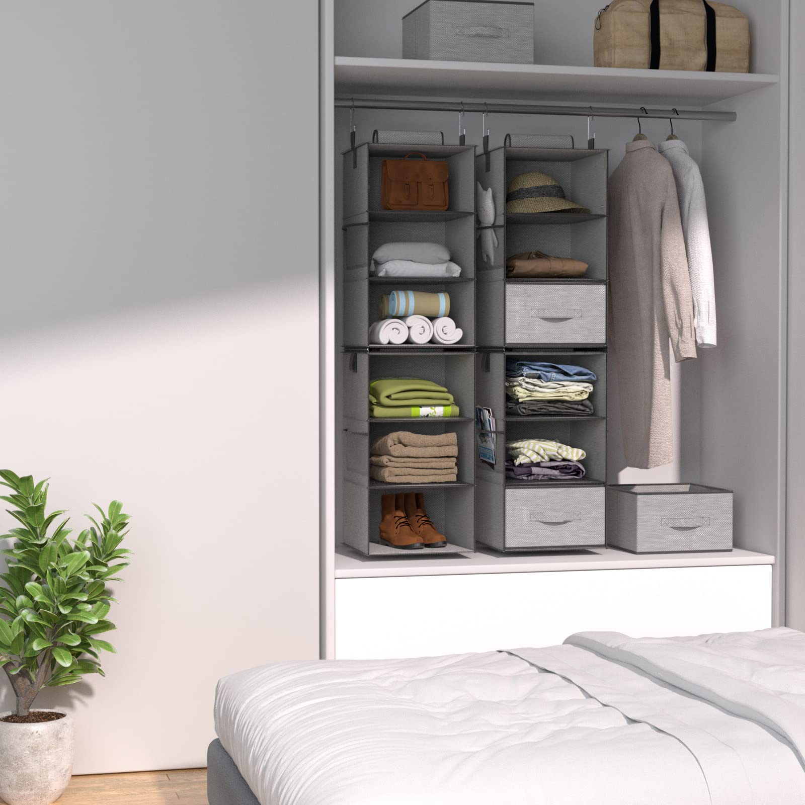 YOUDENOVA Hanging Closet Organizer and Storage, Two 3-Shelf Separable Closet Organizer, Hanging Shelves for Dorm, RV, Gray