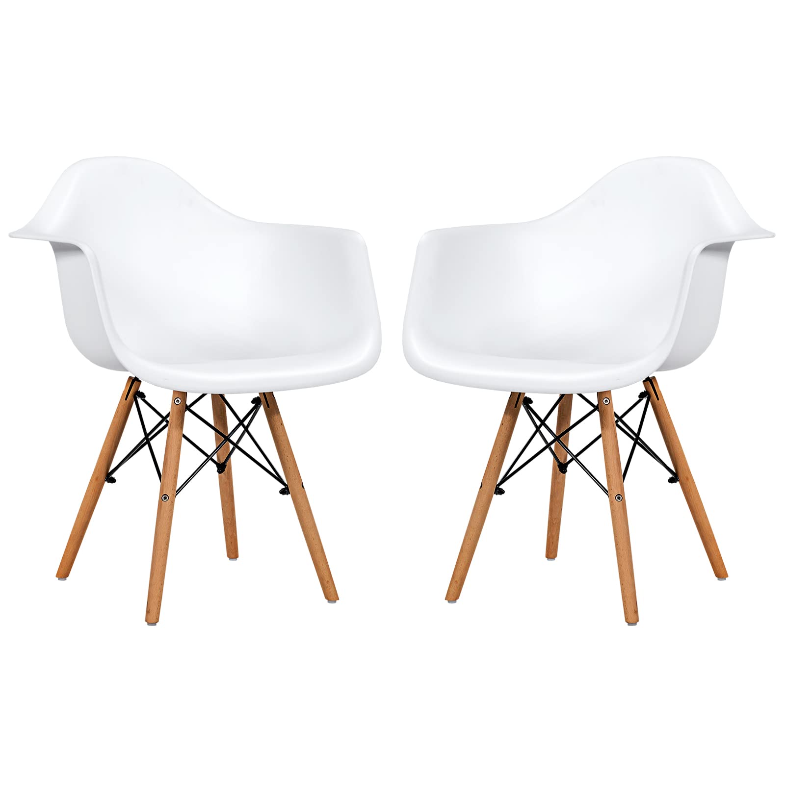 Safstar Mid Century Modern Dinning Chair Set of 2, 2 Pieces DSW Side Chair w/Beech Wood Legs & Curved Seat Supports, Accent Plastic Shell Chair Set for Kitchen, Dining, Bedroom, Living Room (2, White)